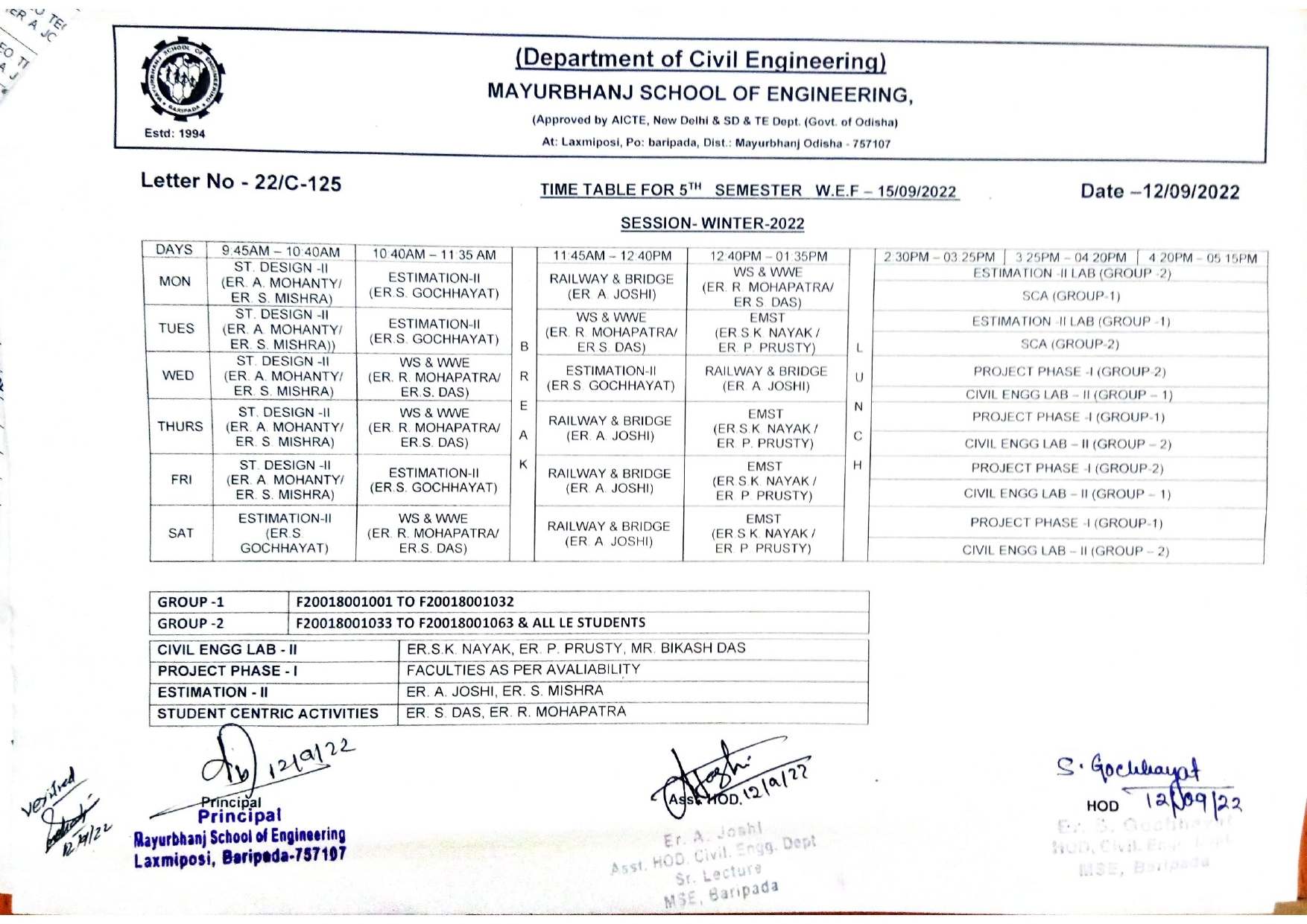TIME TABLE WINTER 2022
