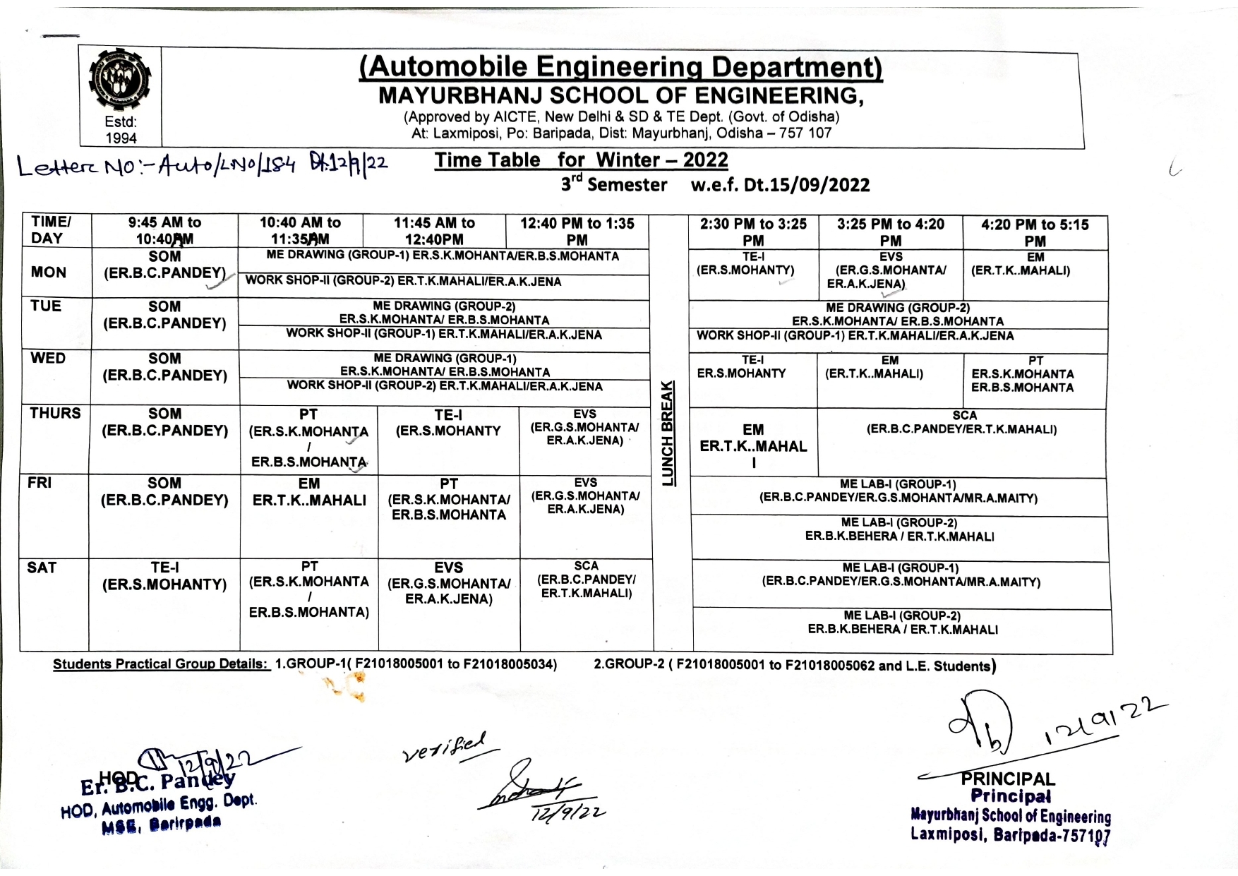 TIME TABLE WINTER 2022