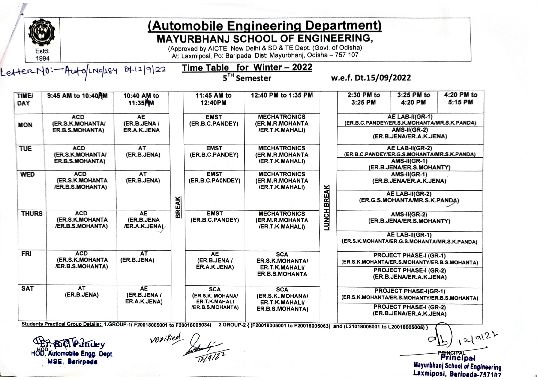 TIME TABLE WINTER 2022