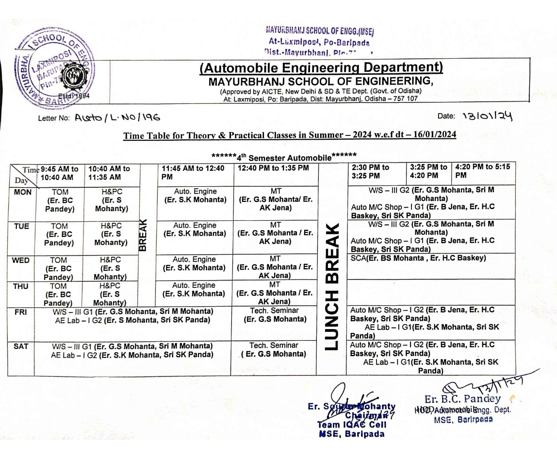 TIME TABLE FOR SUMMER-2024