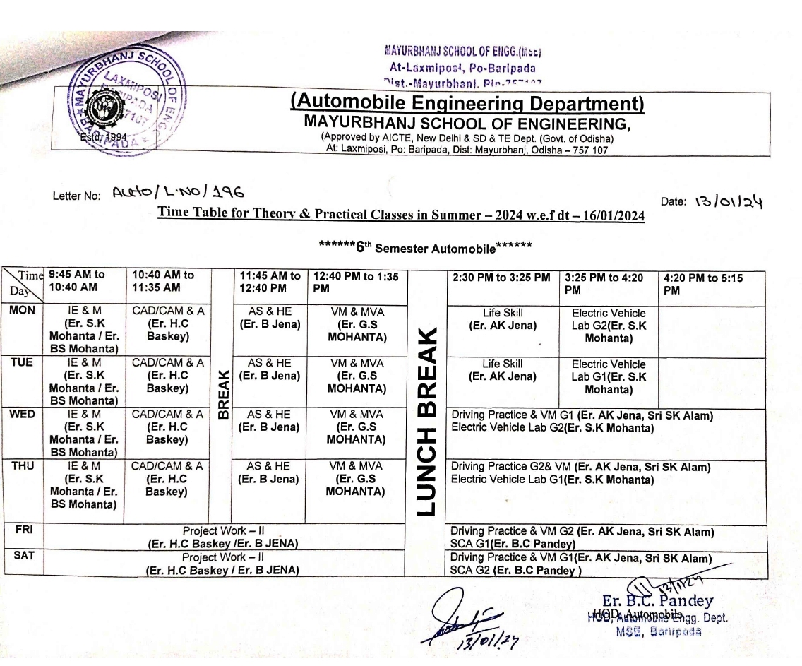 TIME TABLE FOR SUMMER-2024