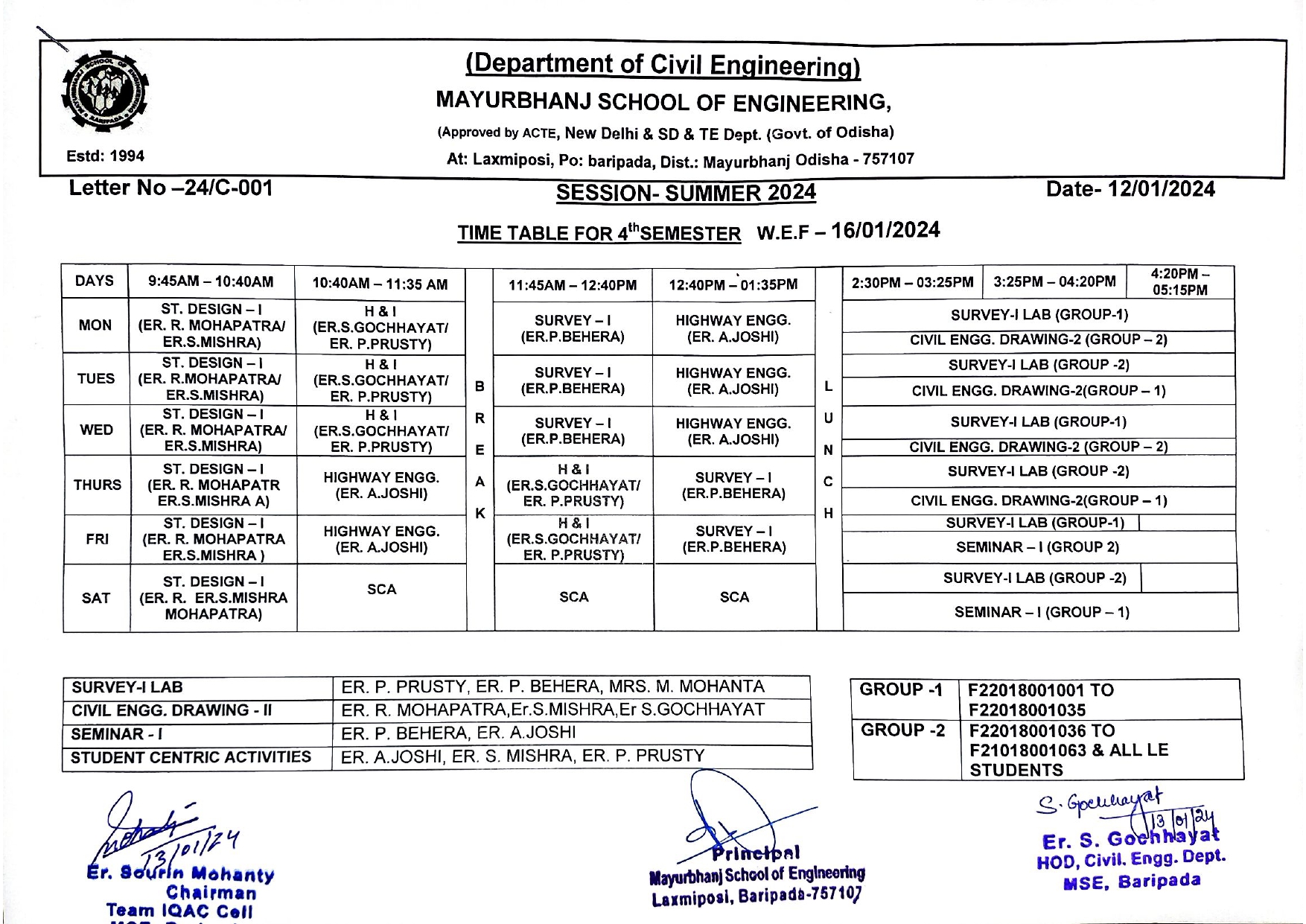 TIME TABLE FOR SUMMER-2024