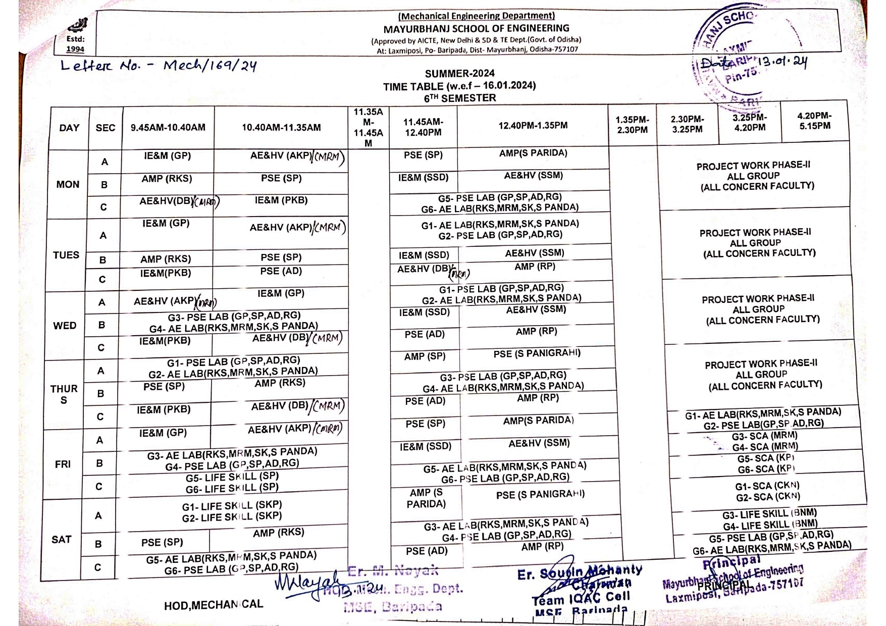 TIME TABLE FOR SUMMER-2024